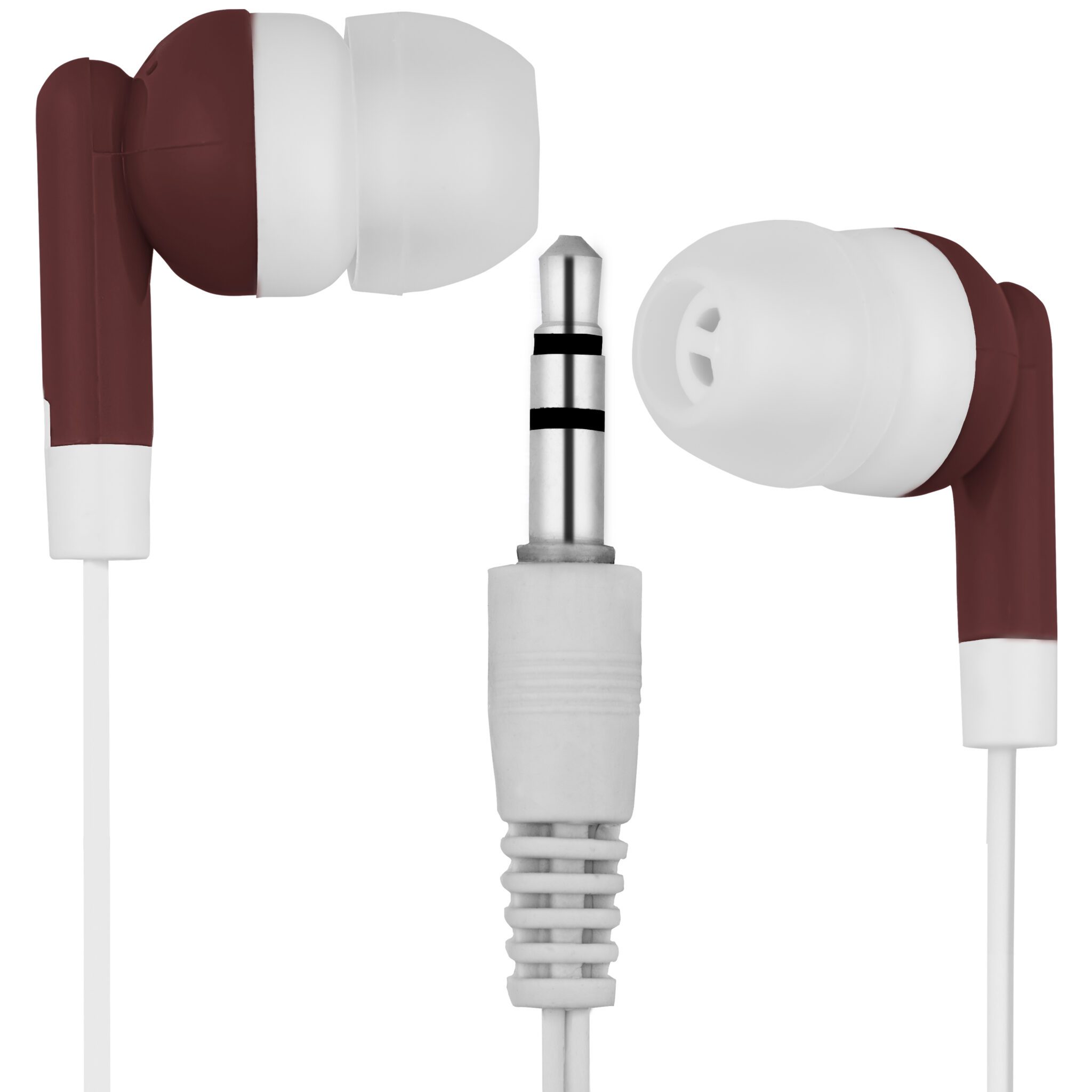 Pack of 50 Burgundy/White Earbuds – Individually Bagged - Low Cost Earbuds